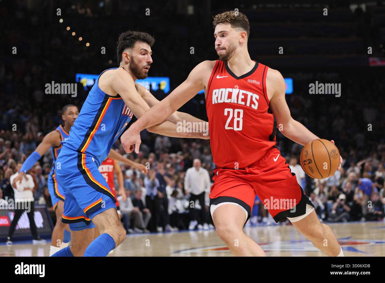 Houston Rockets center Alperen Sengun (28) drives against Oklahoma City ...