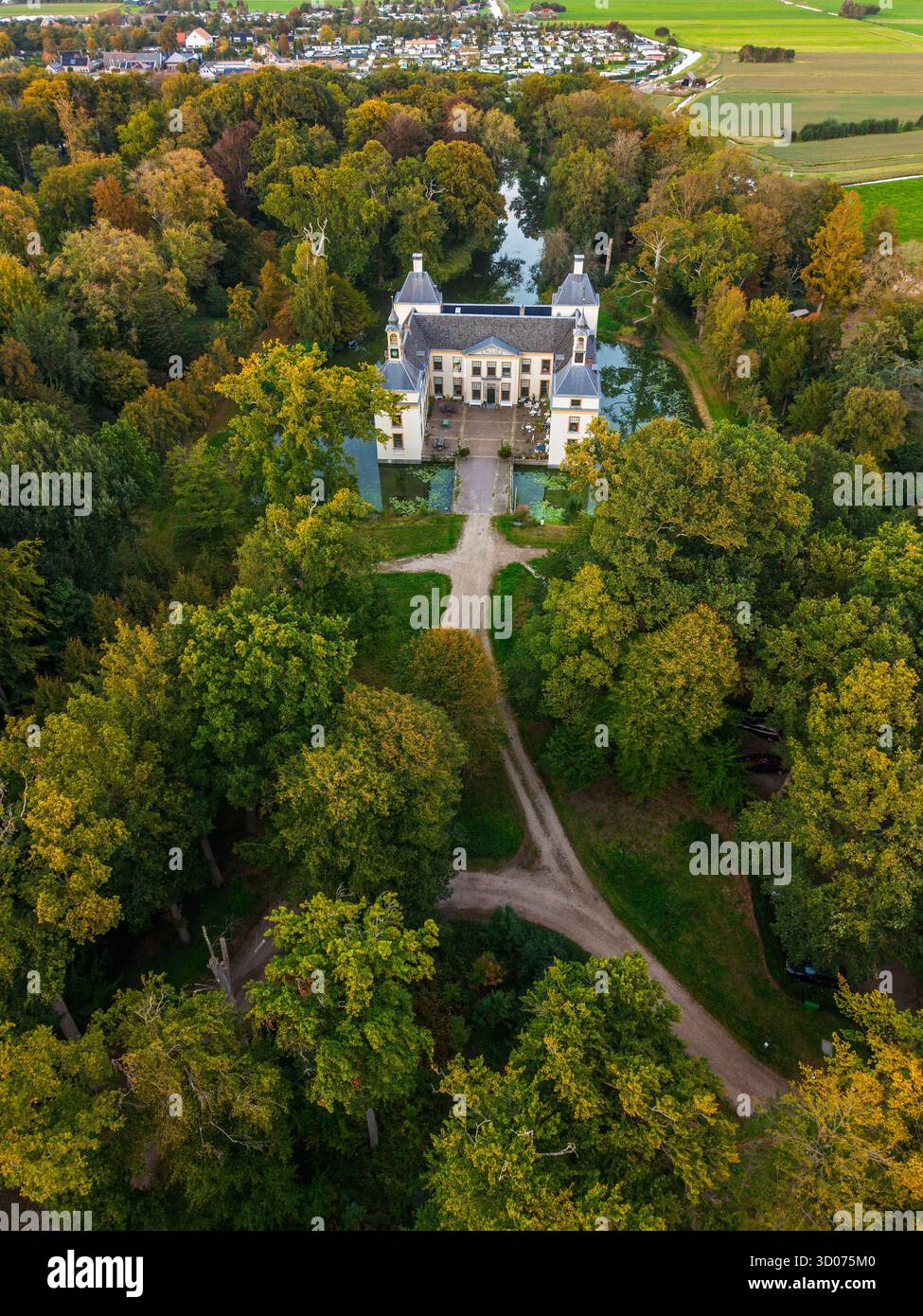 Aerial view of historic castle symmetrical twin towers and central hall ...