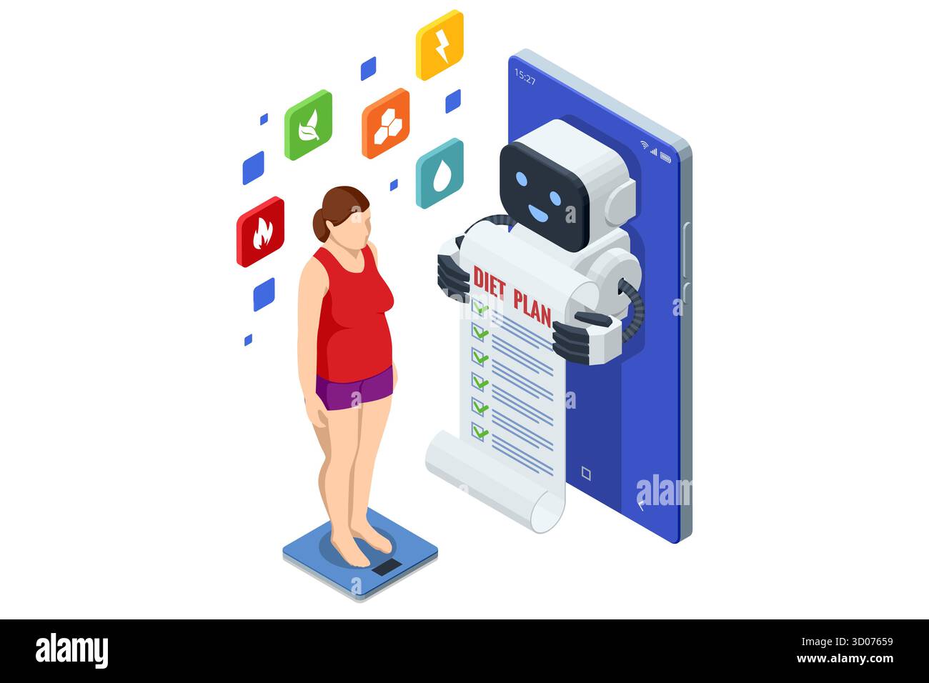 Isometric AI robot holding diet plan for woman. Concept of smart health ...