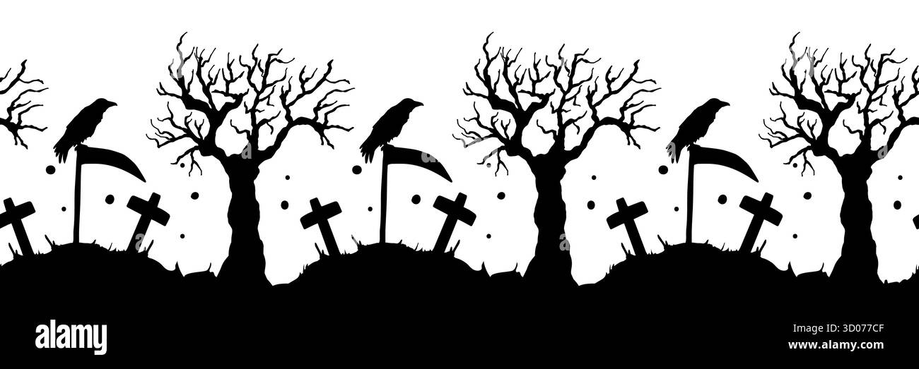 Seamless Halloween border with images of cemetery, crosses, scythe of ...
