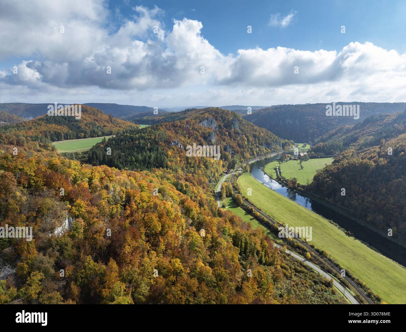 Aerial view of Upper Danube Valley surrounded by autumn vegetation ...