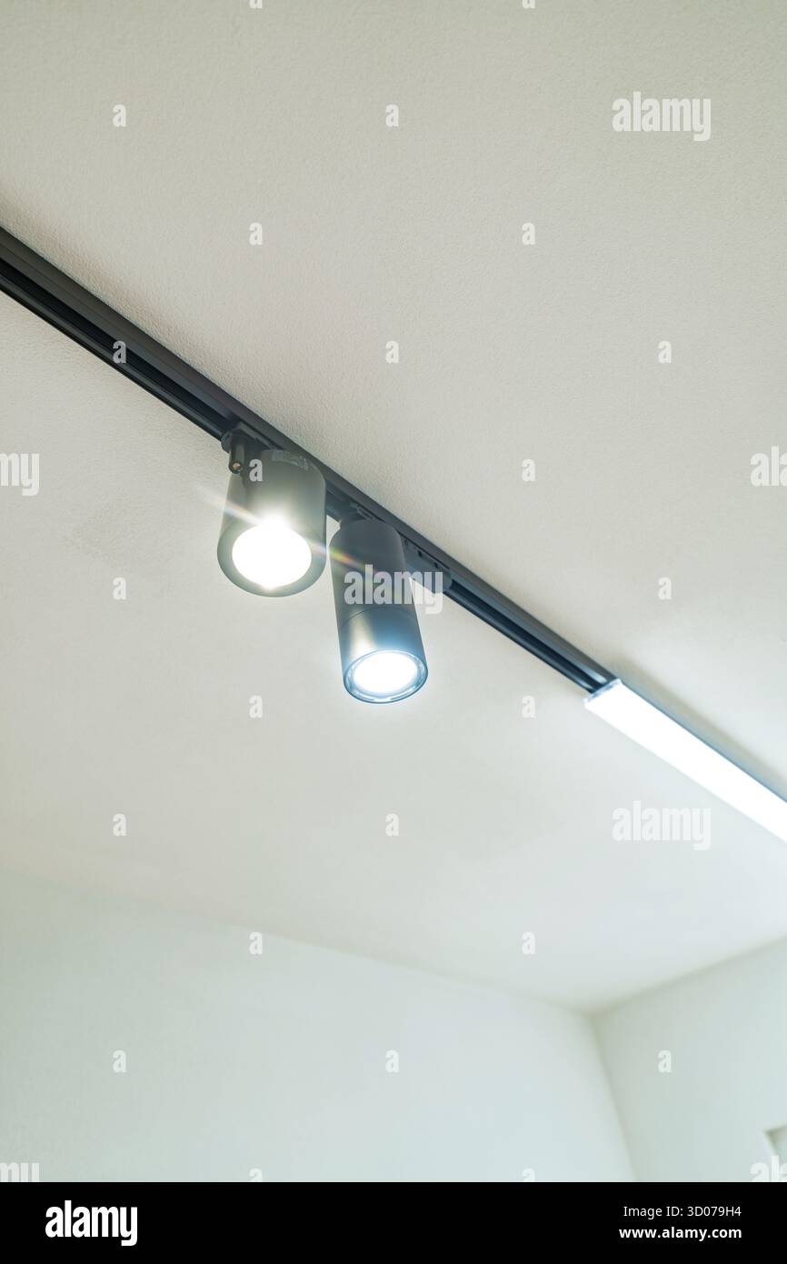 Black power rail with two LED spotlights as accent lighting under a ...