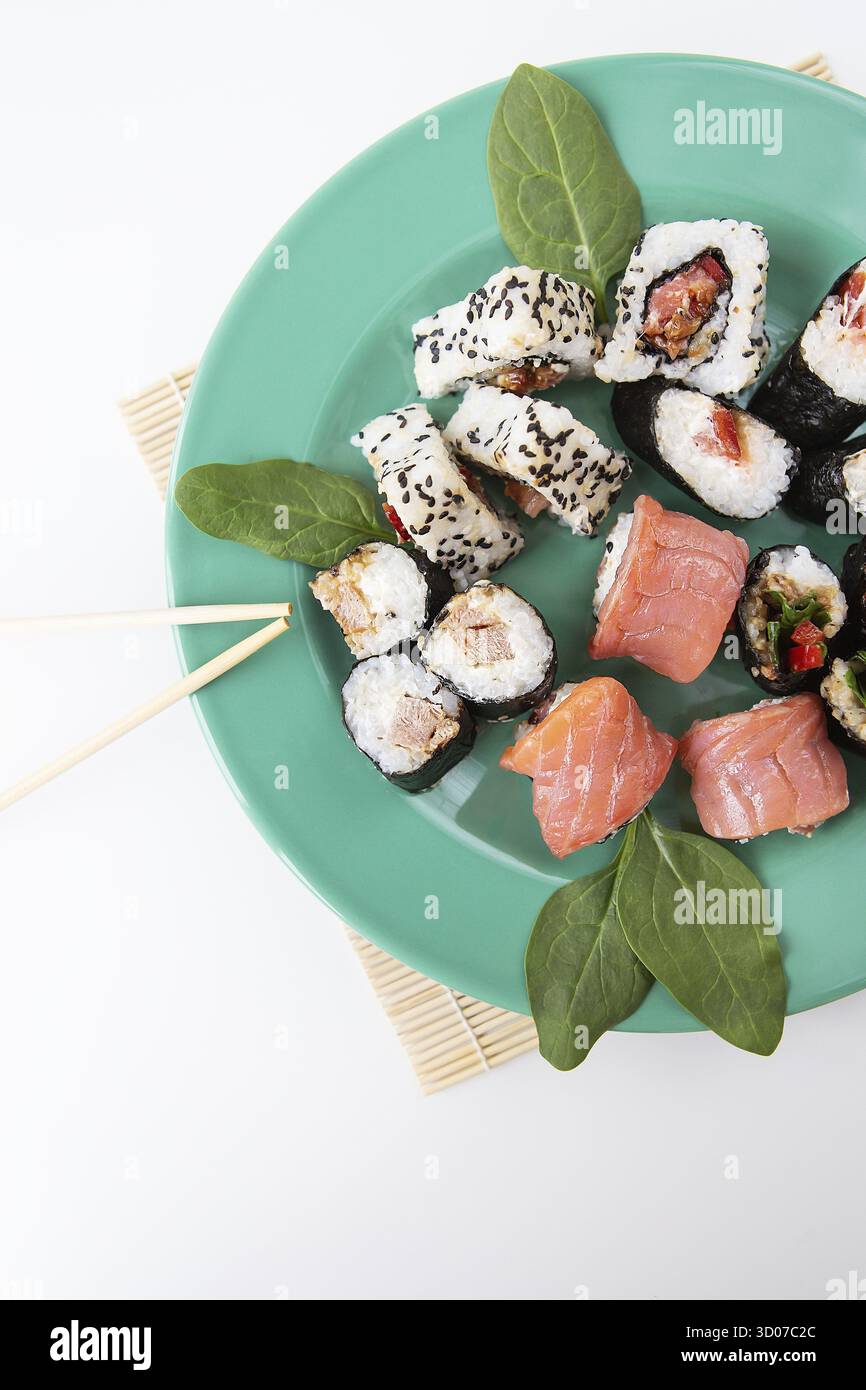 Various types of maki sushi, philadelphia, maki, salmon, rice, salad ...