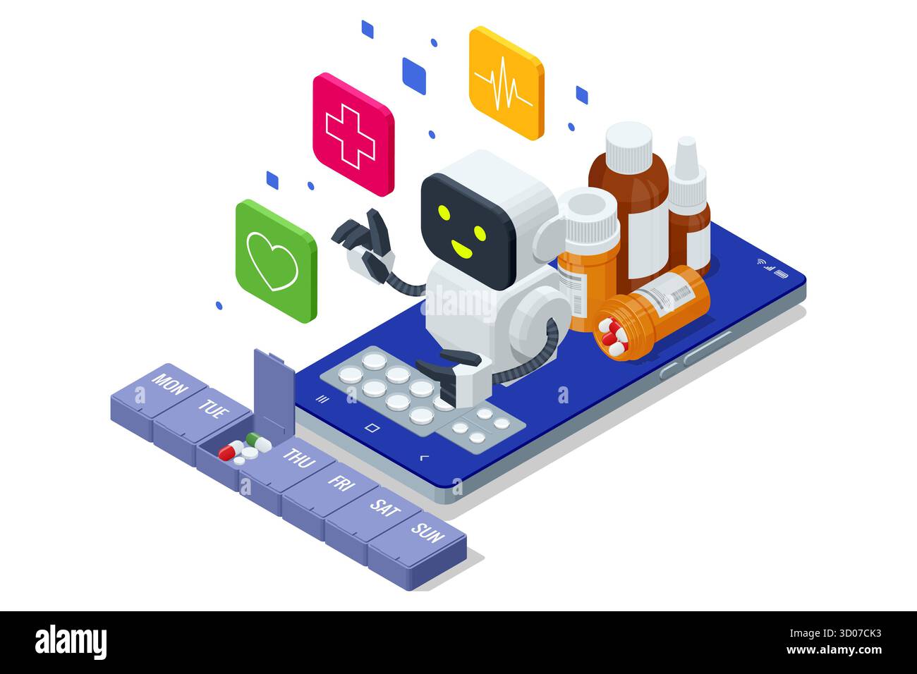 Isometric AI robot managing medication schedule on smartphone. Concept ...