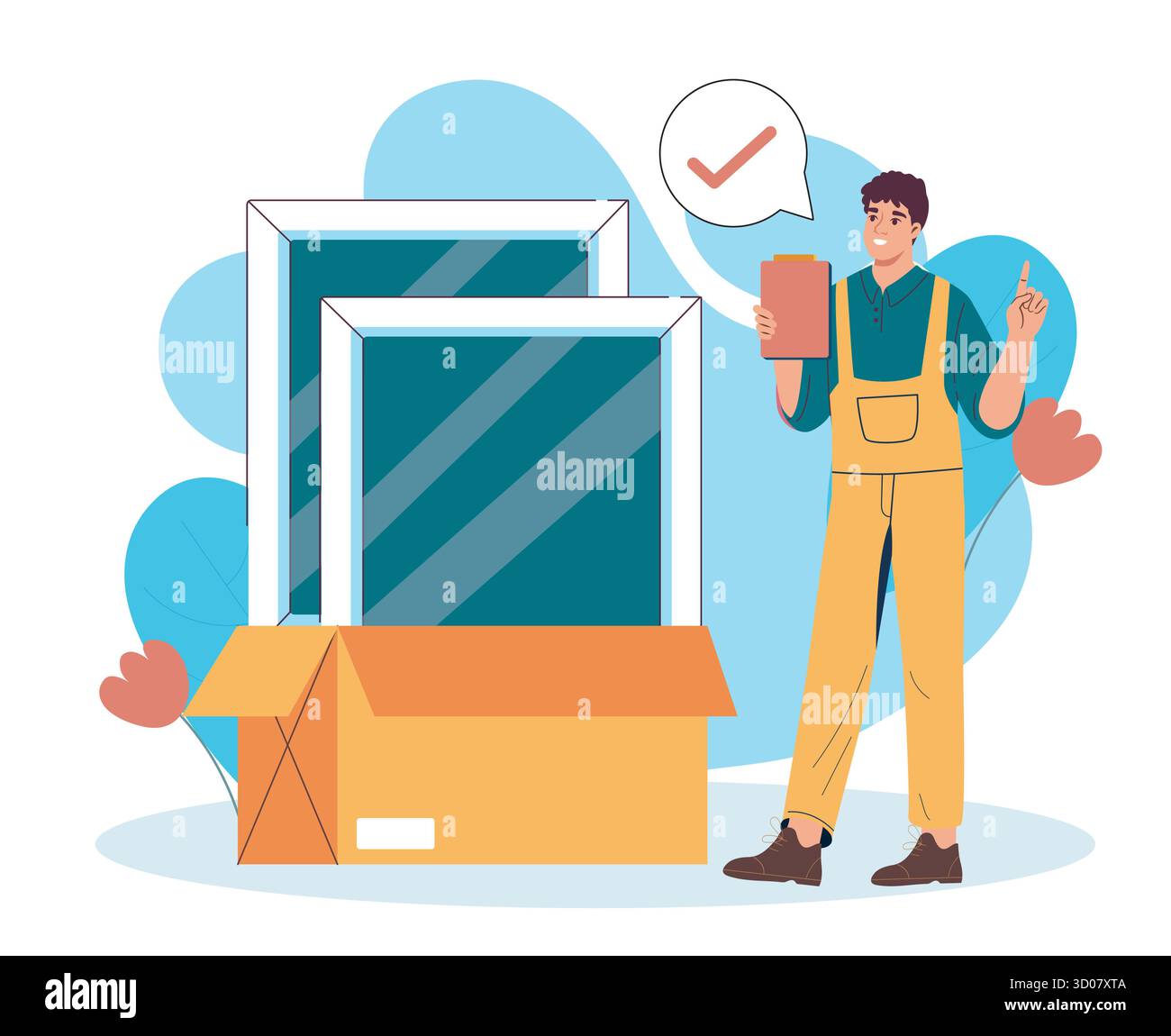 Worker checking delivered glass windows. Vector illustration Stock ...