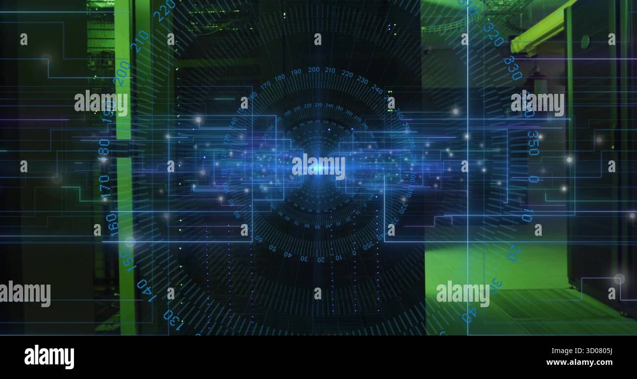 Glowing holographic data overlay illuminating data center corridor ...