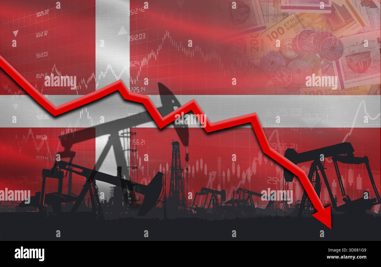 Oil crisis with Denmark flag on financial graph. Fall oil price with ...