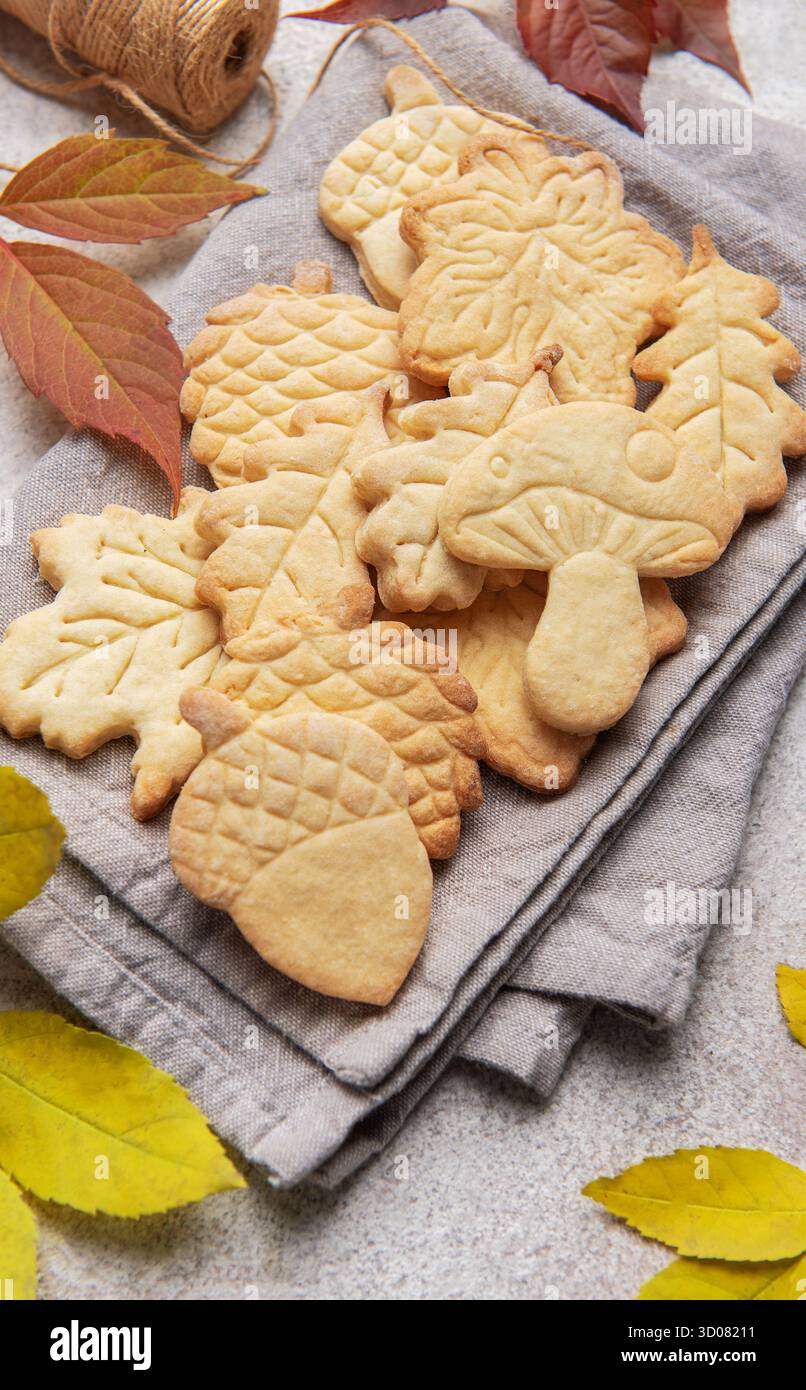 Homemade autumn cookies with fall leaves and twine on a rustic ...