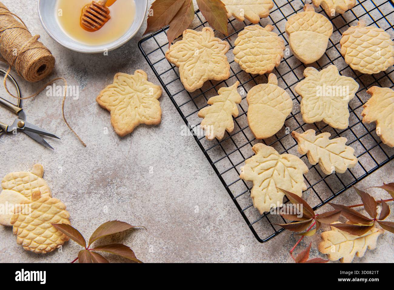 Autumn themed shortbread cookies cooling on a wire rack with honey ...