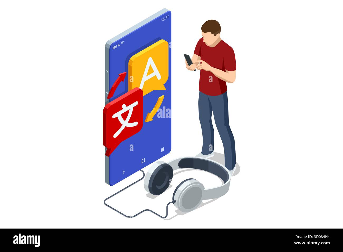 Isometric illustration of people using AI mobile translator app for ...