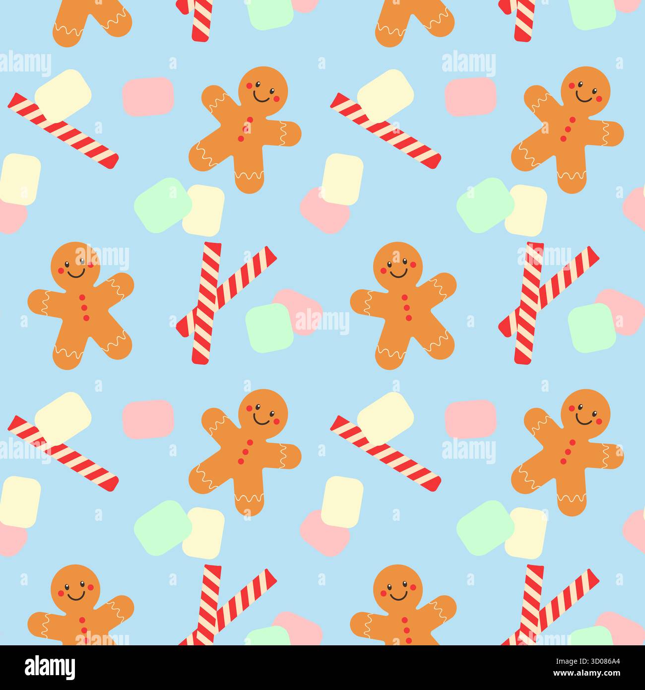 Festive pattern with Gingerbread, marshmallows and wafer rolls, winter ...