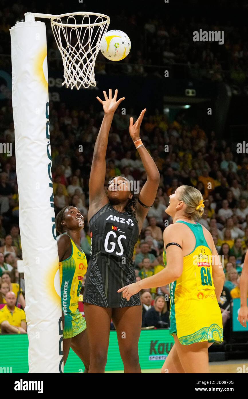 New Zealand's Grace Nweke takes a shot at goal during a netball test ...