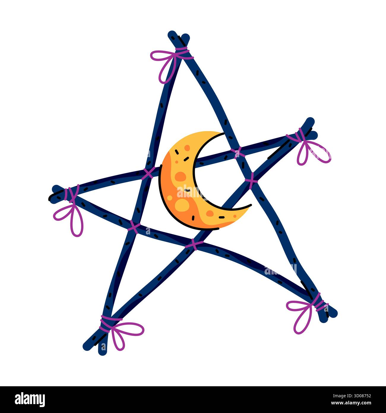Pentagram made of wooden sticks with crescent. Vector fivepoint star ...