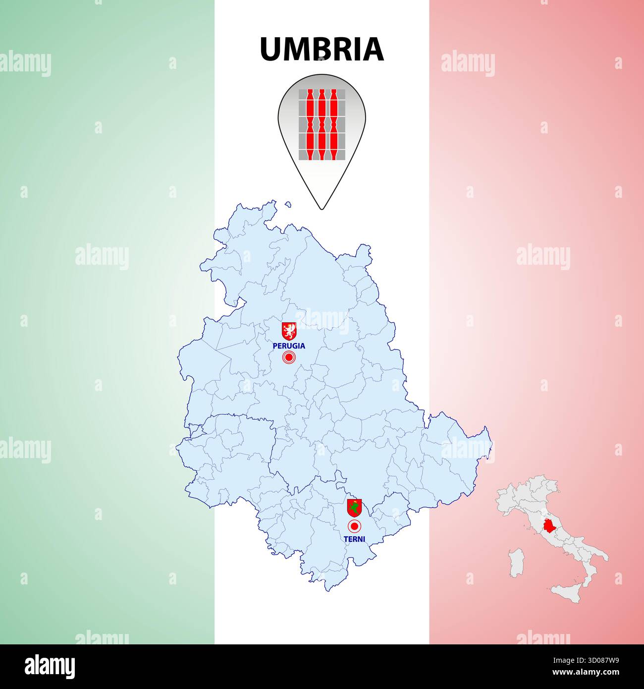 Umbria, Italy, regional map and symbols of the region and cities ...