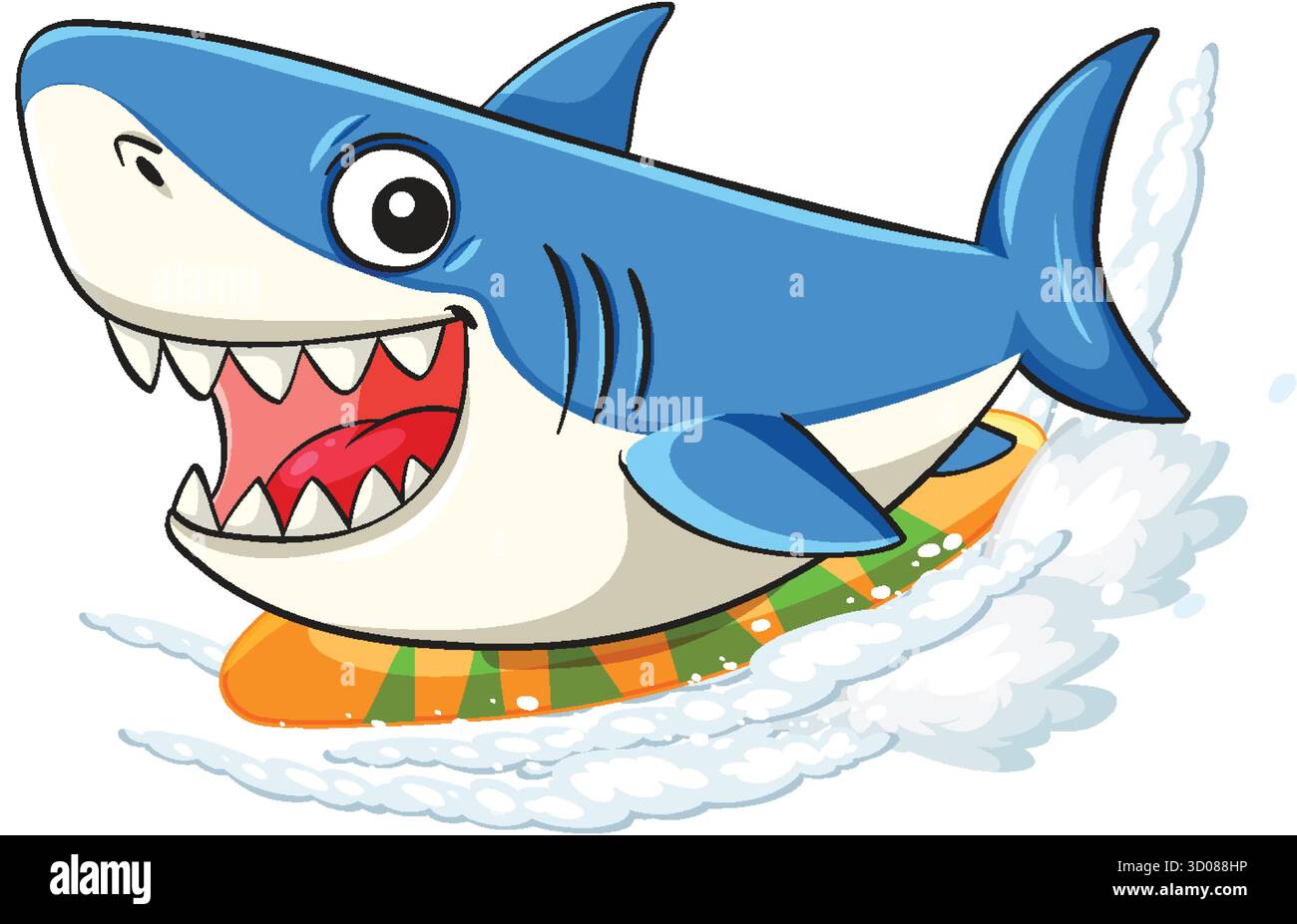 Smiling cartoon shark rides striped surfboard, dynamic water splash ...