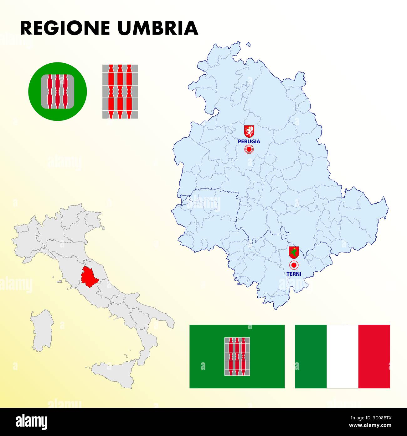 Umbria, Italy, regional map and symbols of the region and cities ...