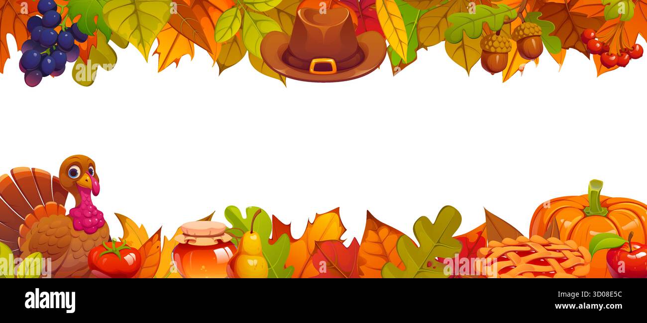 Thanksgiving Day border frame with harvest and cartoon turkey bird ...