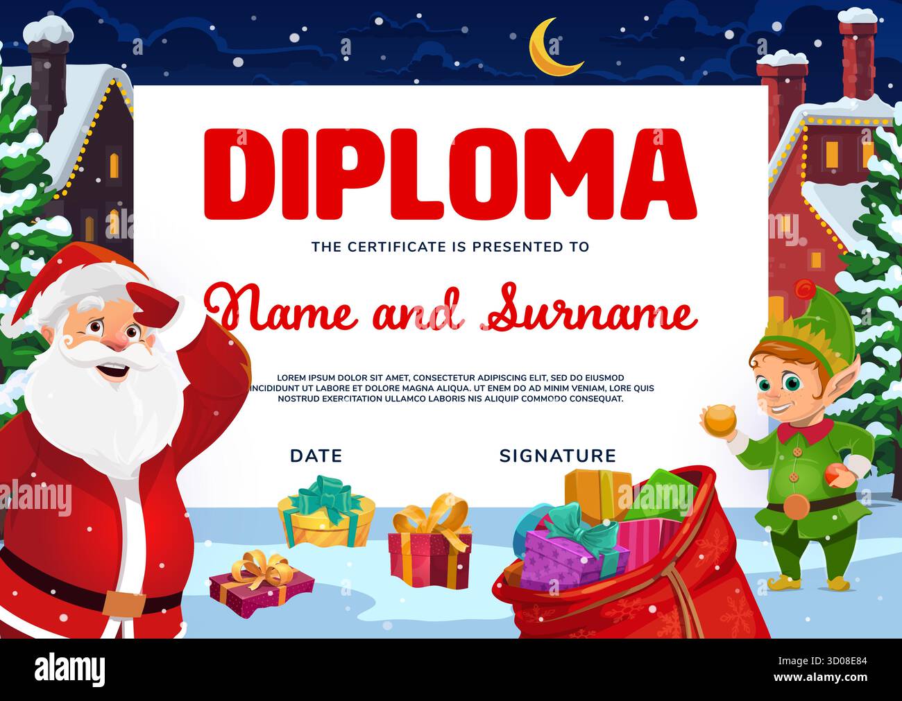 Kids Christmas diploma template with Santa Claus and happy smiling elf ...