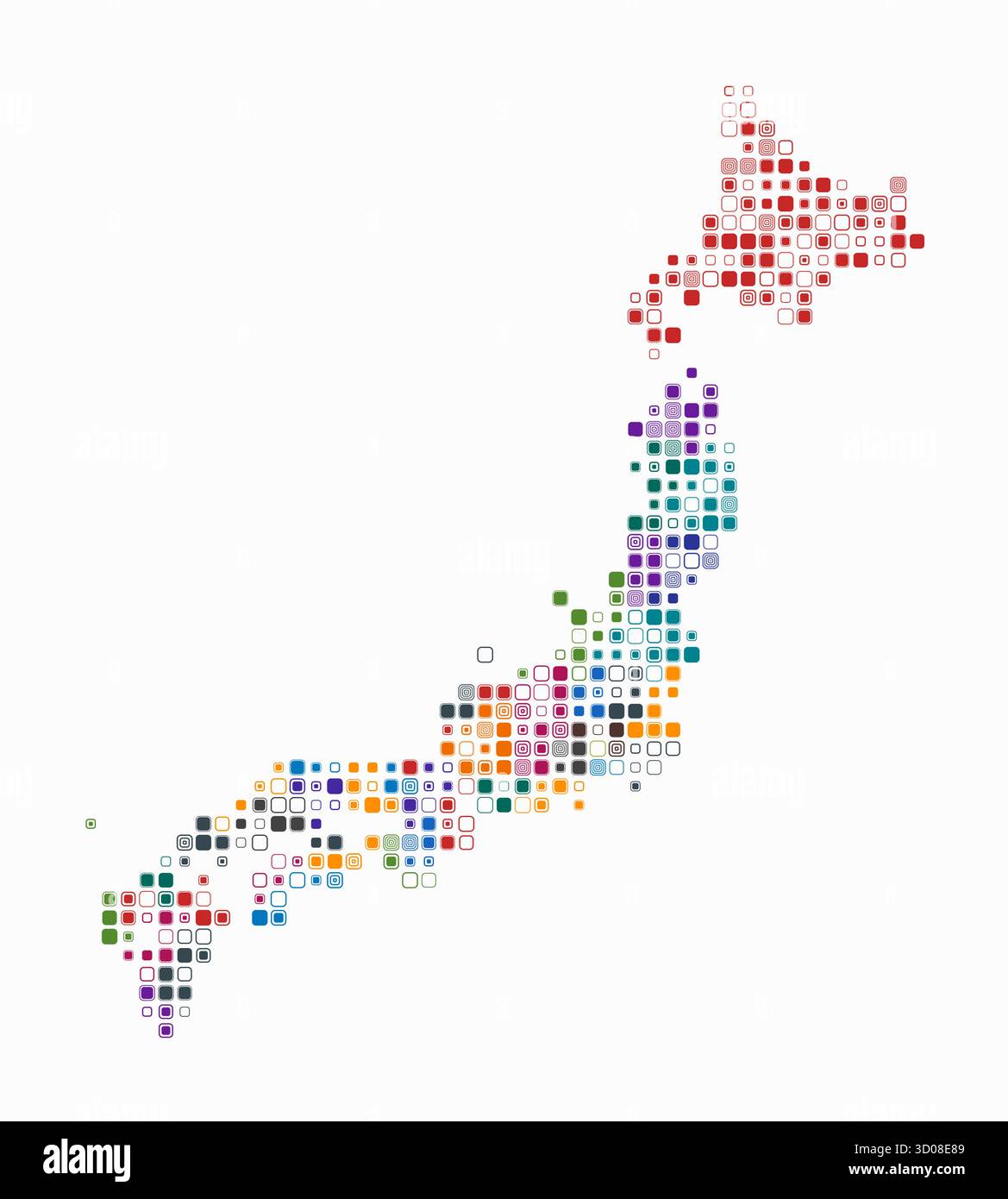 Japan, shape of the country built of colored cells. Digital style map ...