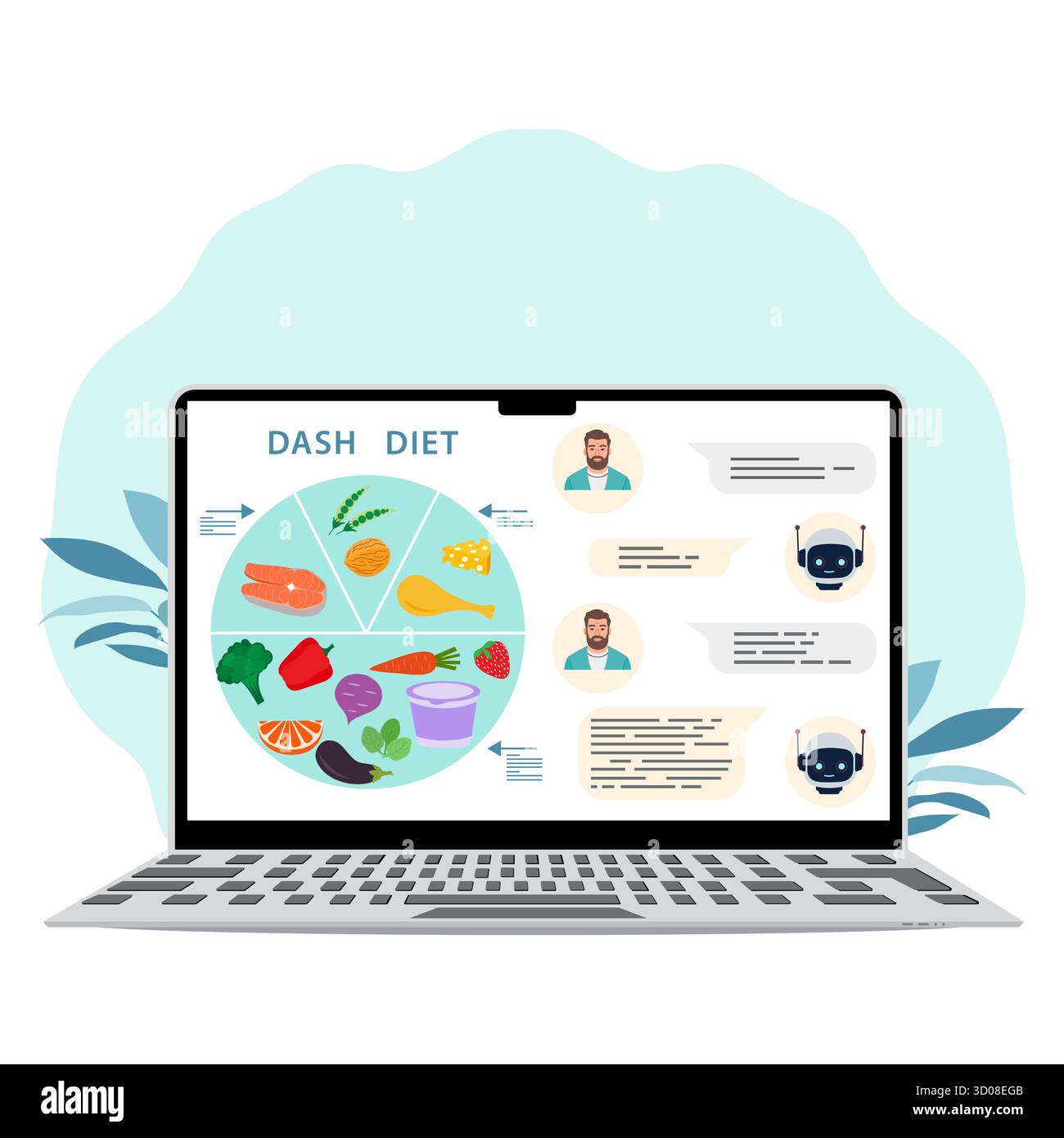 Dash diet chart on laptop screen with infographic and chat messages ...