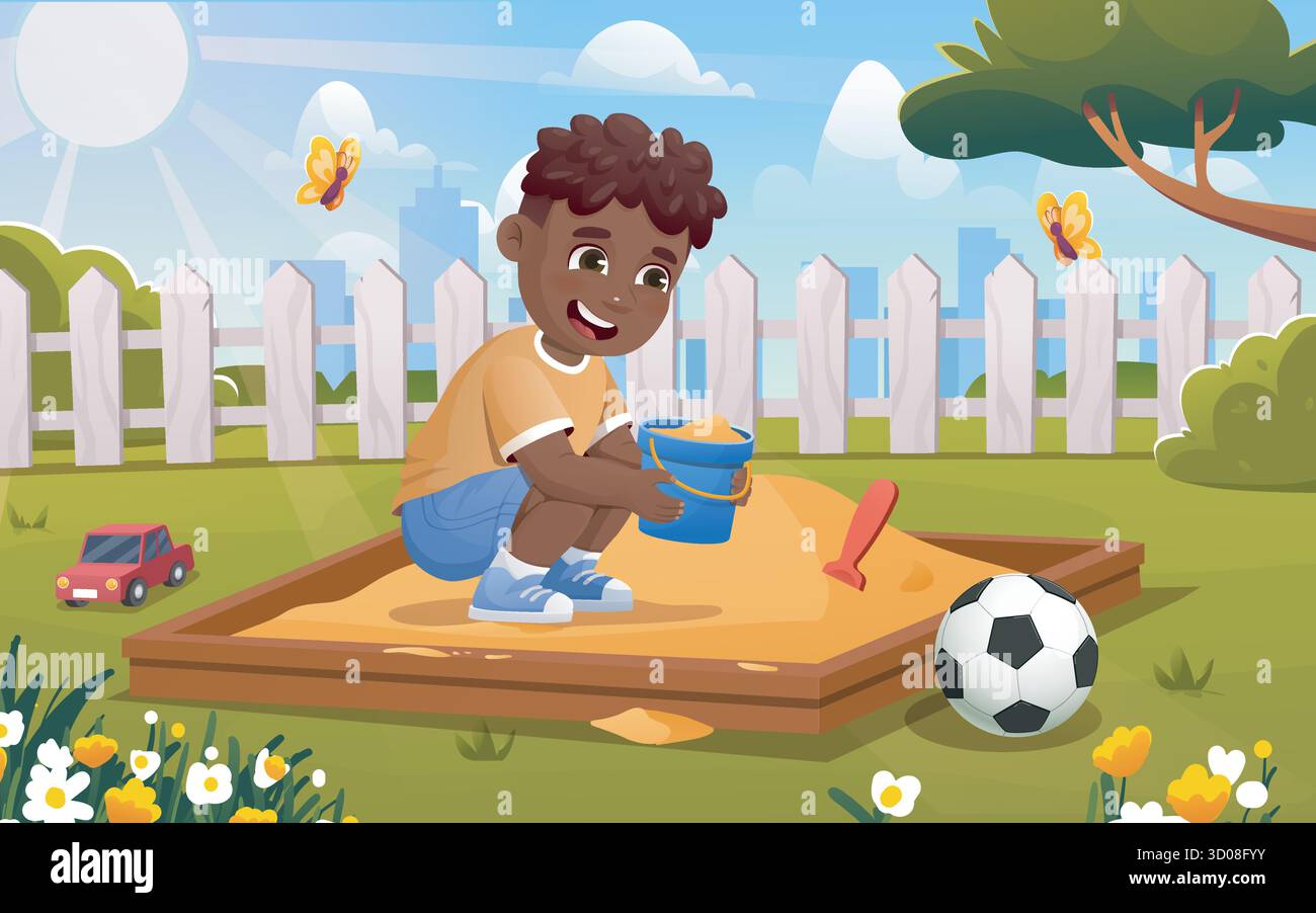 Happy boy playing in sandbox outdoors. Vector illustration Stock Vector ...
