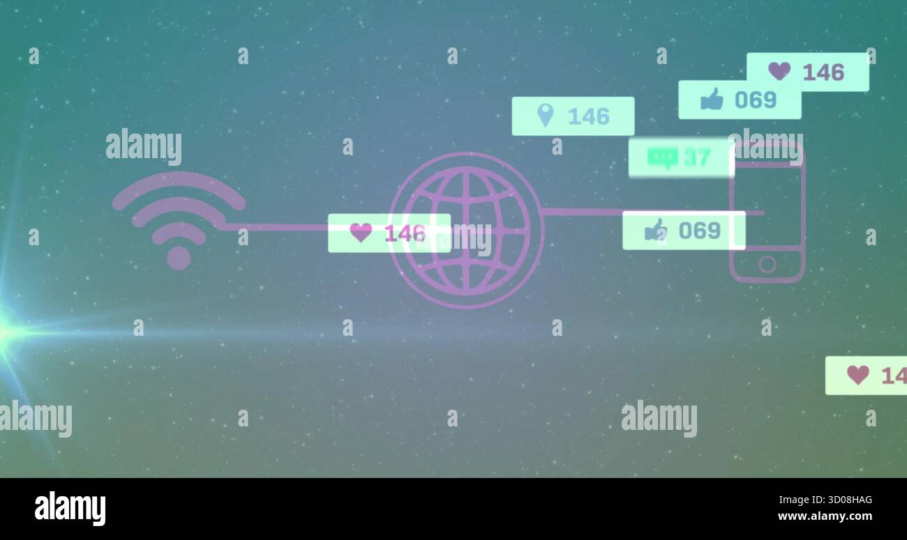 Digital art showing WiFi icon linking globe and smartphone outline in ...