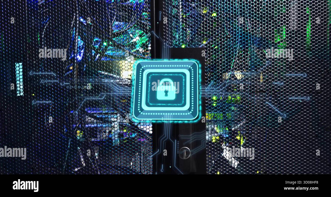 Displaying padlock overlay securing rack door in server room, with ...