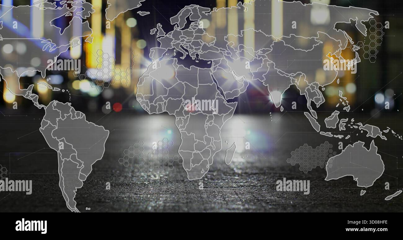Overlaying transparent world map on wet city road at night, showing ...