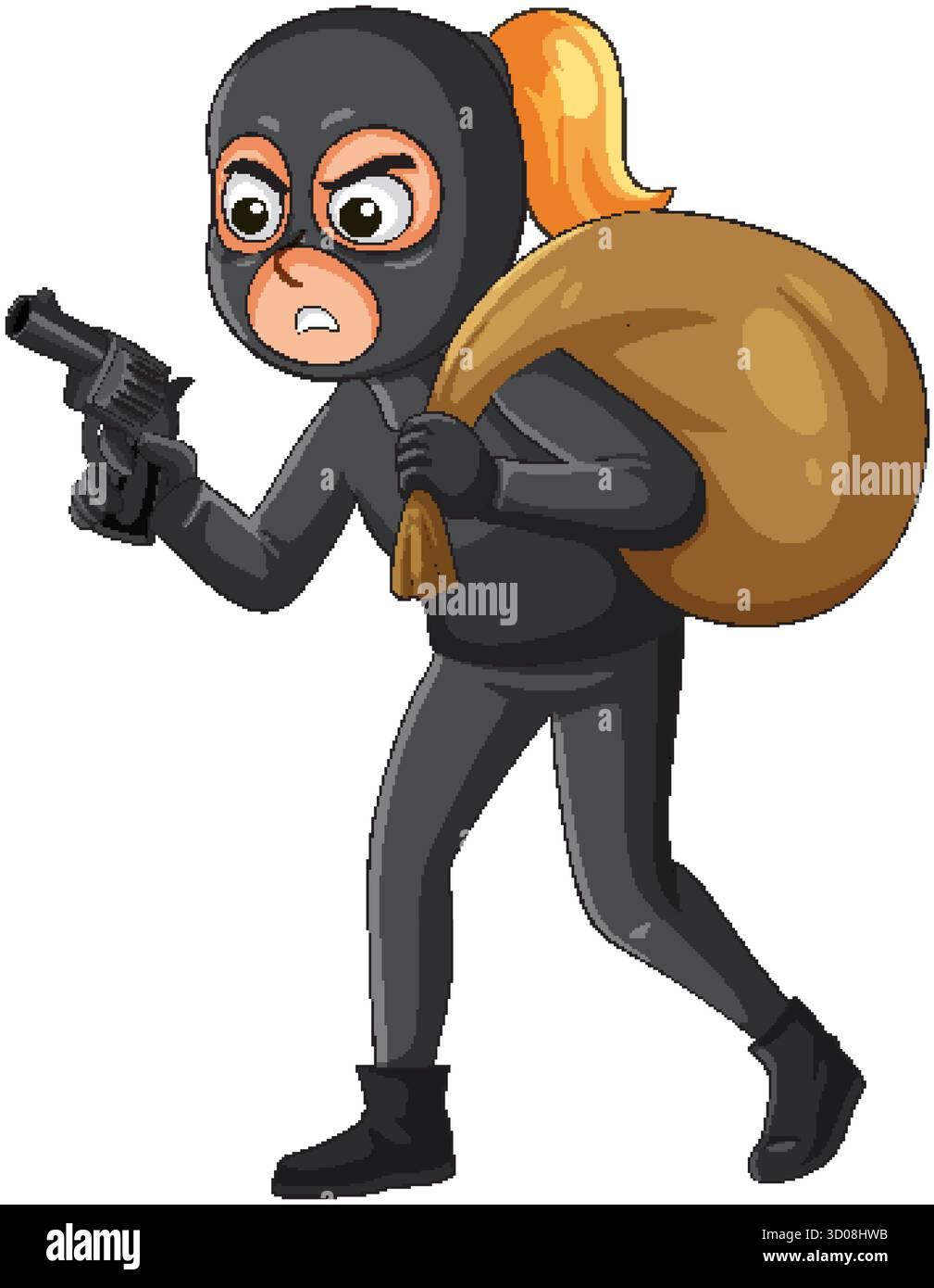 Vector illustration of masked woman thief in black suit holding gun and ...