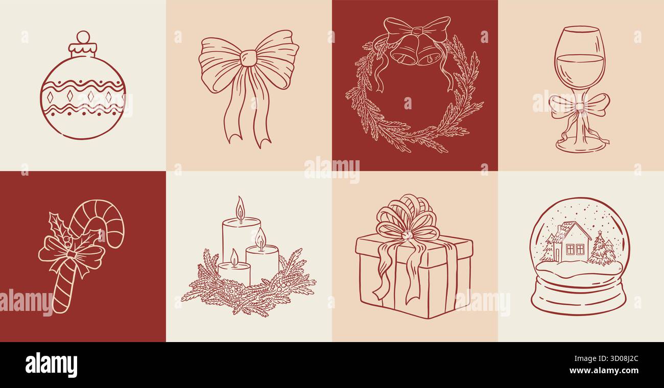 Set of hand draw Christmas decoration elements. Vintage bauble, candy ...