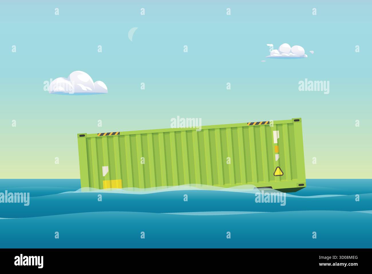 Illustration of a green cargo container floating in the ocean waves ...