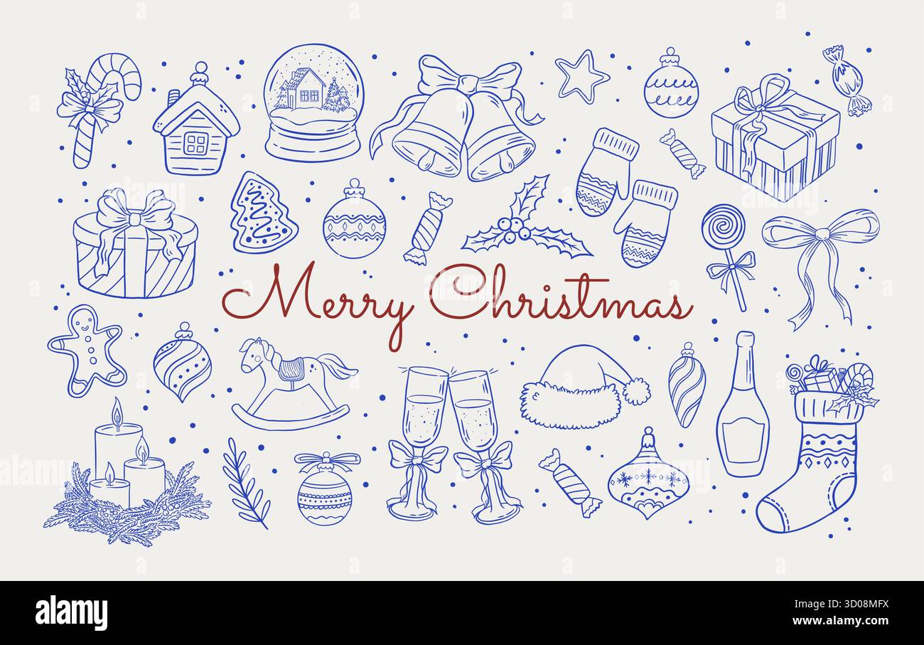 Set of retro hand draw Christmas decoration element, drink, gift box ...