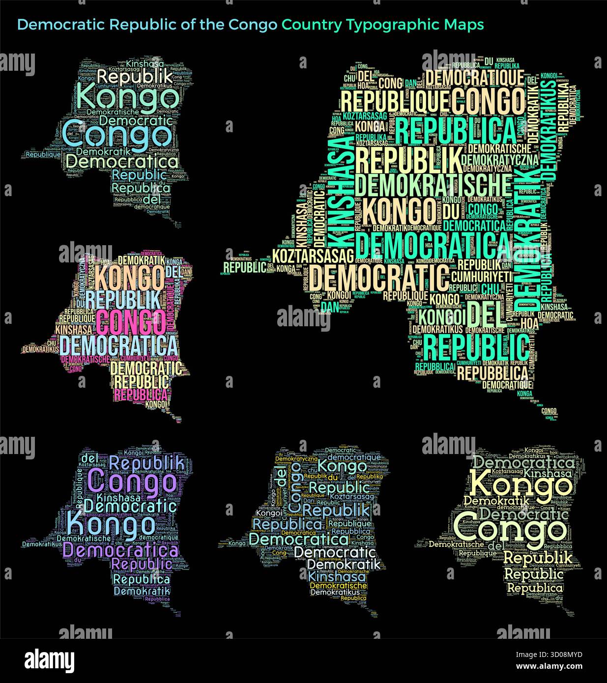 Set of typography-style country illustrations. DR Congo map shapes ...