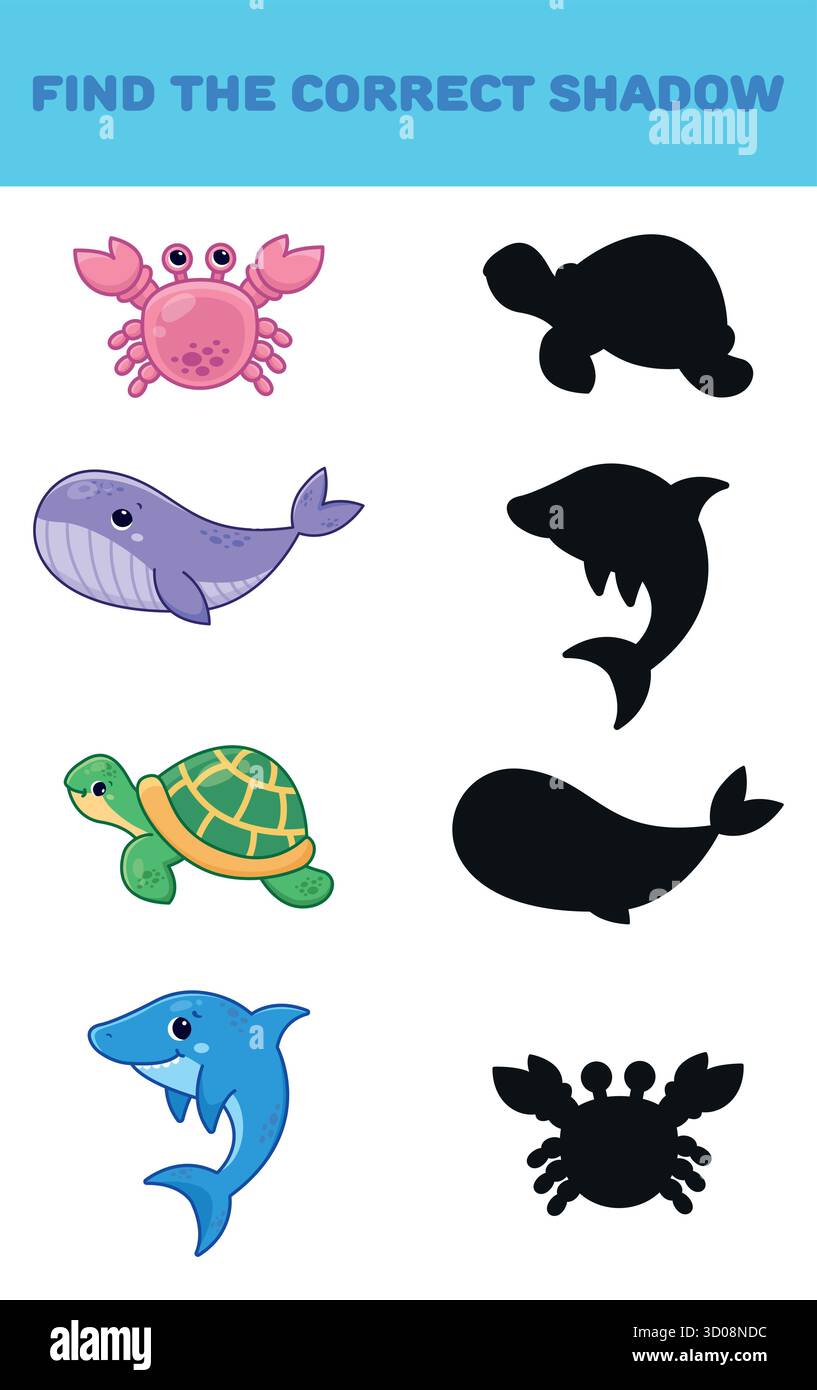 Find the right shadow. Cute sea animals. Educational games for children ...