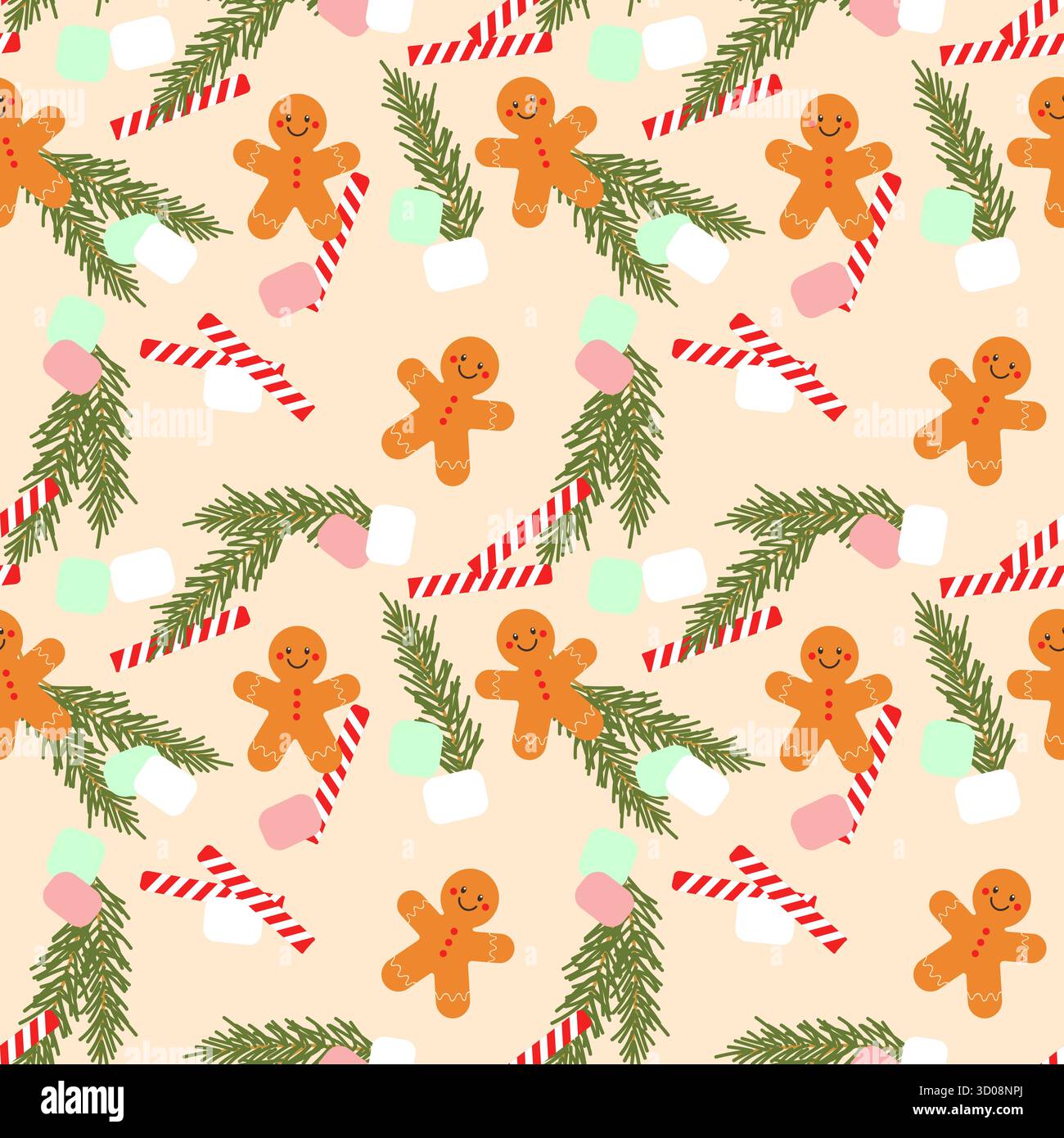 Christmas pattern with fir twigs, gingerbread cookies, marshmallows ...