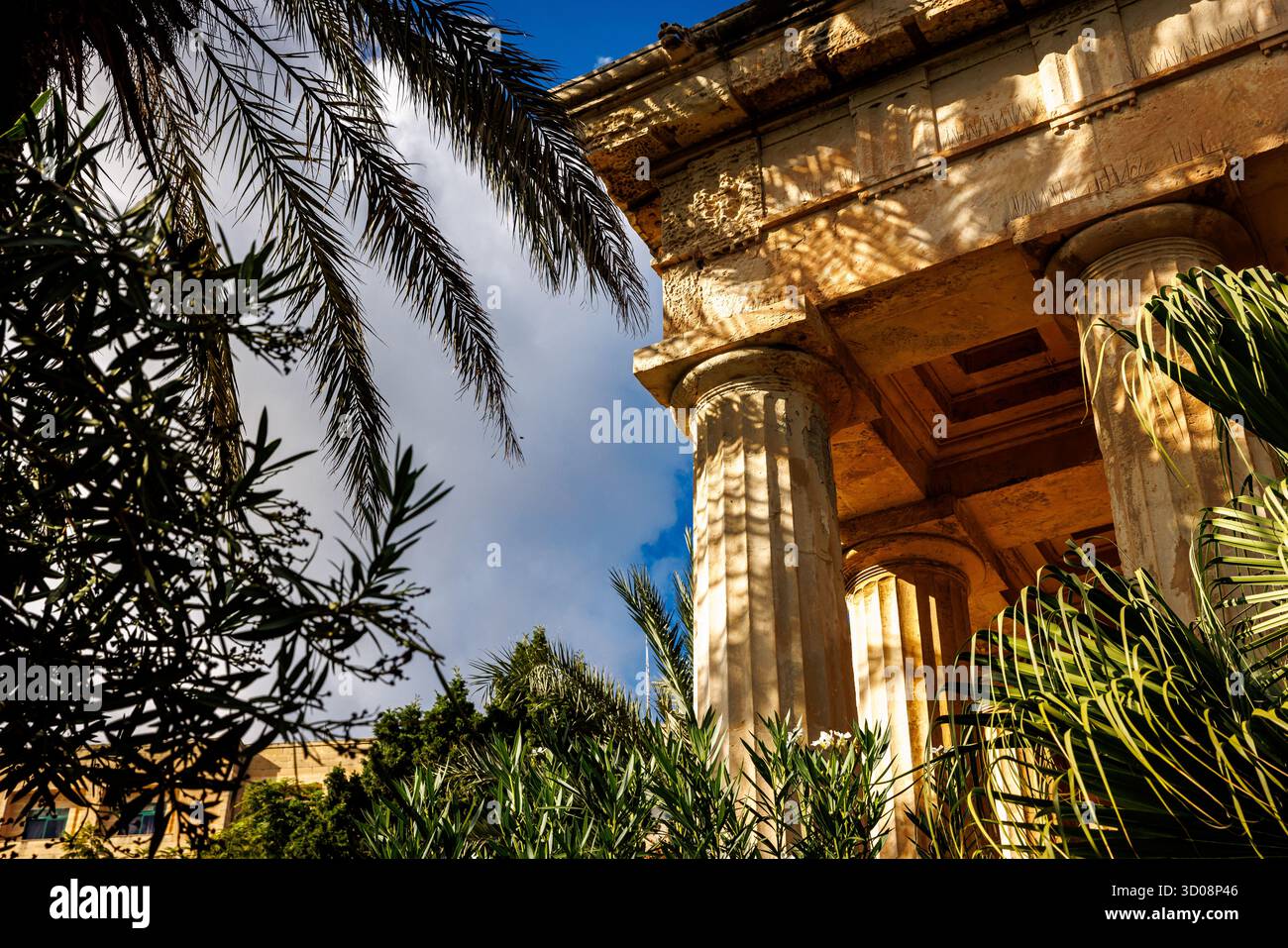 Close-up of Corinthian columns partially covered by palm leaves and ...