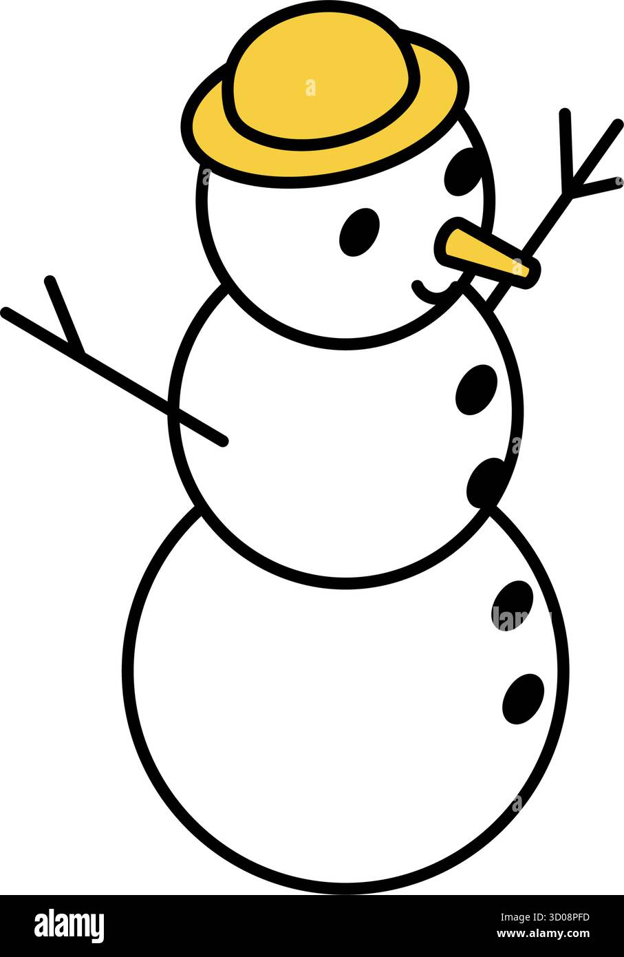 Snowman with hat and wooden branch arms, three snowballs, classic ...