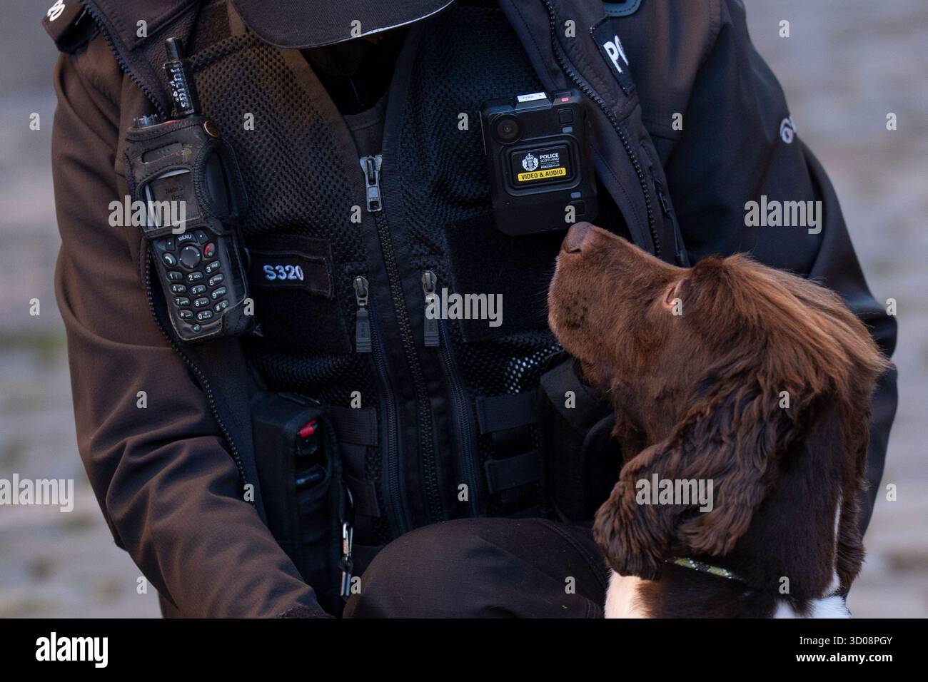A Police Scotland dog handler wears a new body-worn video (BWV) camera ...