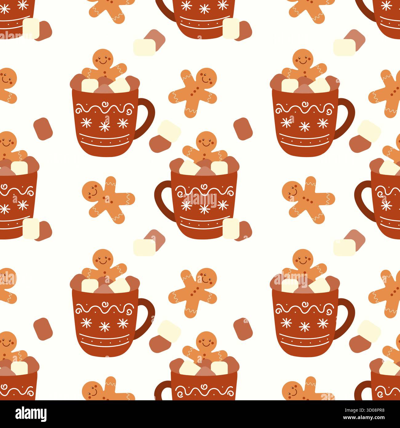 Winter pattern. Christmas cups of hot chocolate with marshmallows and ...