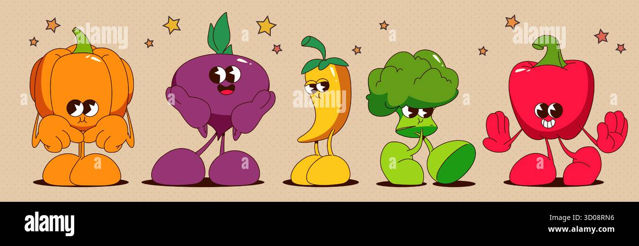 Retro vegetable characters set isolated on background. Vector cartoon ...