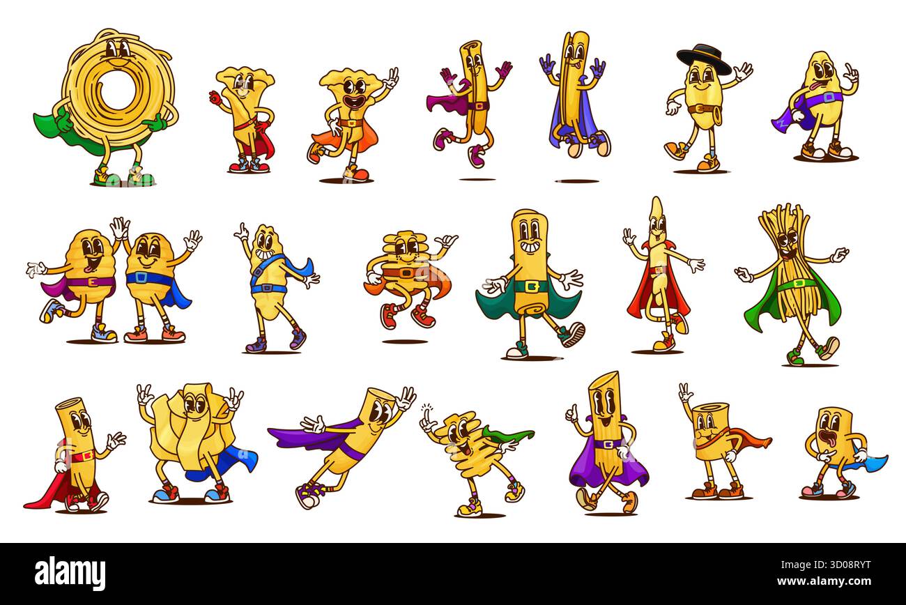 Cartoon groovy italian pasta superhero characters wearing hero costumes ...