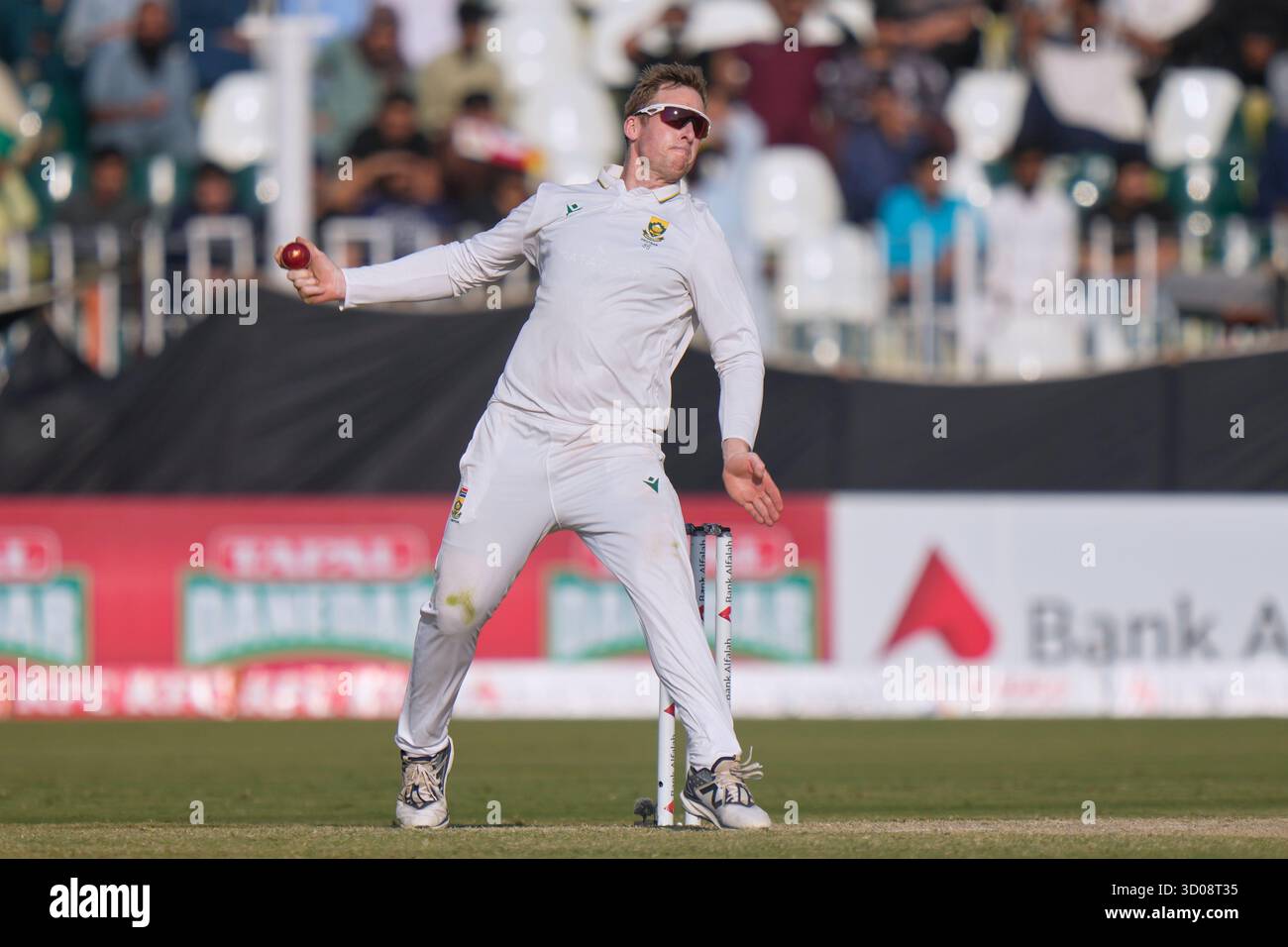 South Africa's Simon Harmer bowls during the third day of the second ...