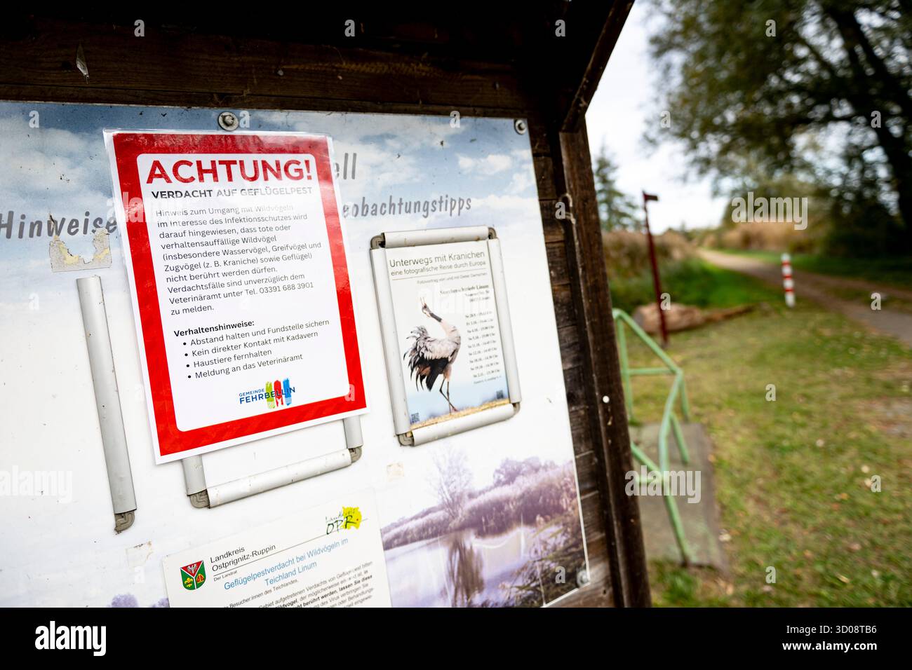 22 October 2025, Brandenburg, Jüterbog: A sign in the Linum pond area ...