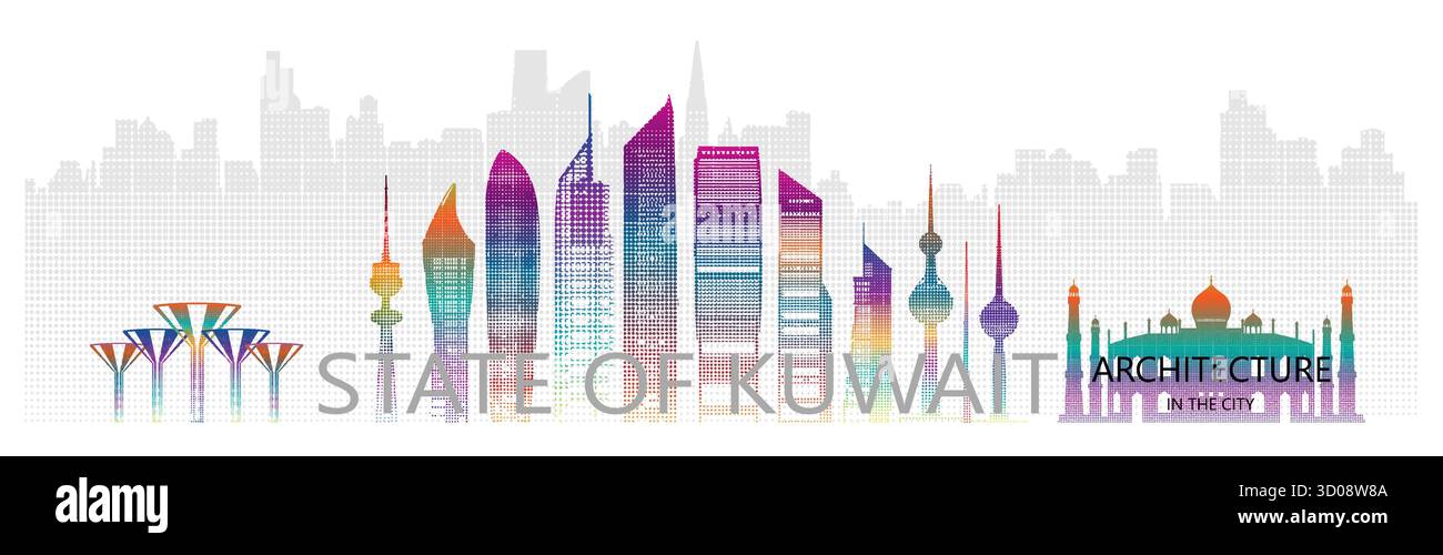 Modern architecture skyscraper in Kuwait with halftone colorful in asia ...