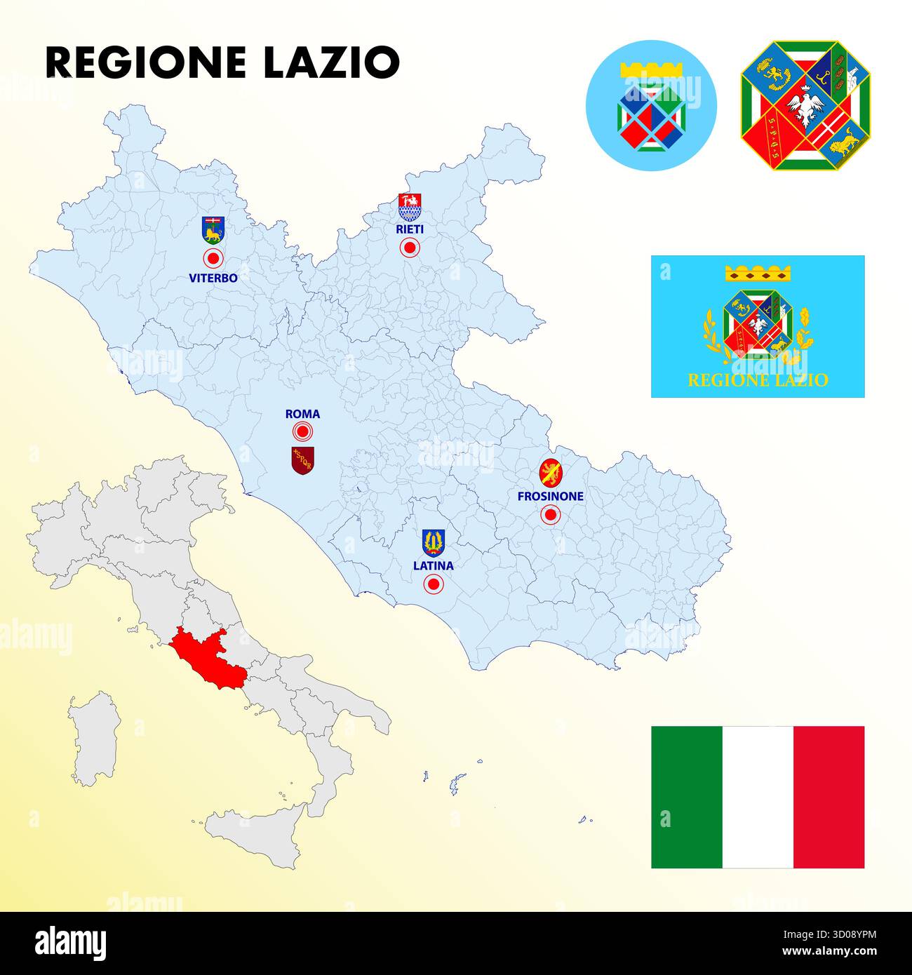 Lazio, Italy, regional map and symbols of the region and cities, vector ...