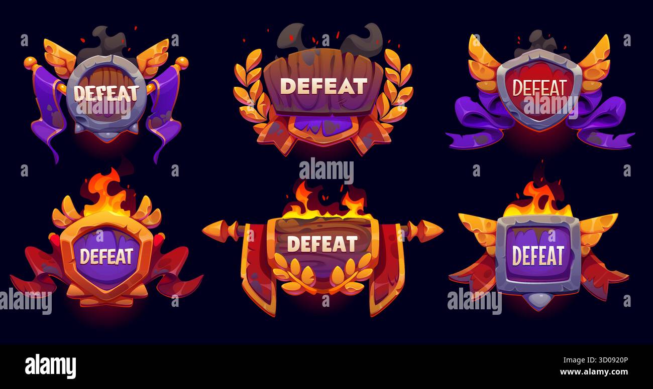 Defeat game frame icons, vector UI asset. Defeat screen badges of ...