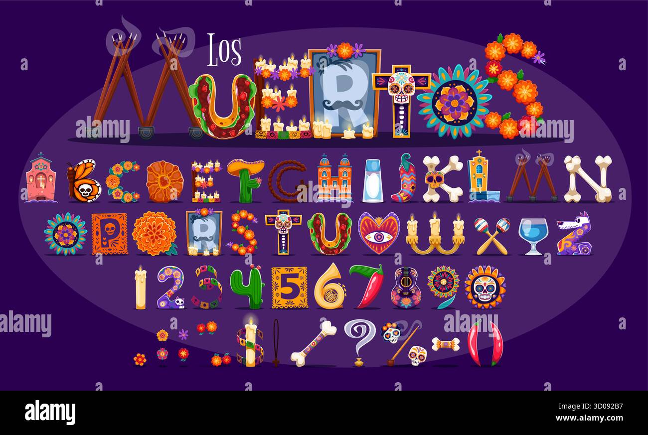 Cartoon mexican Day of the Dead font, death holiday typeface, Dia de ...