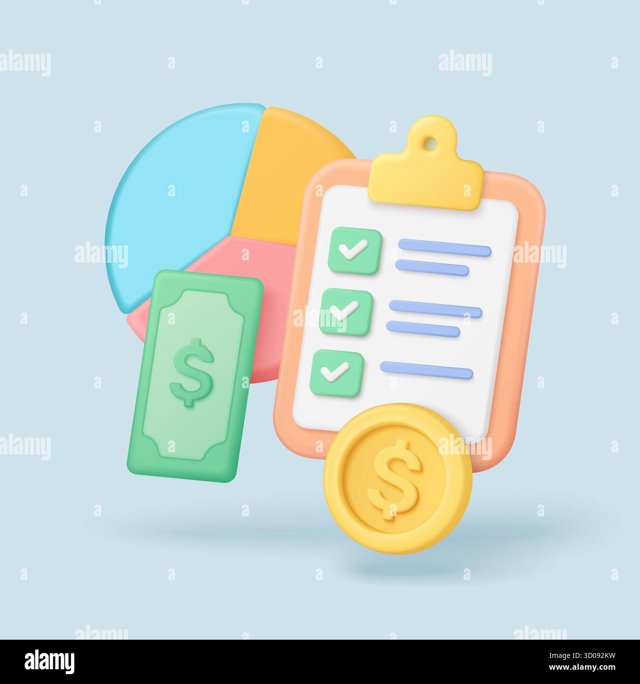 Colorful 3D pie chart, checklist clipboard, and money symbols represent ...