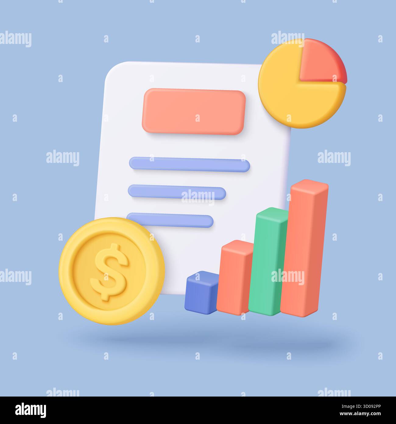 3D finance chart with document, pie graph, bar graph, and dollar coin ...