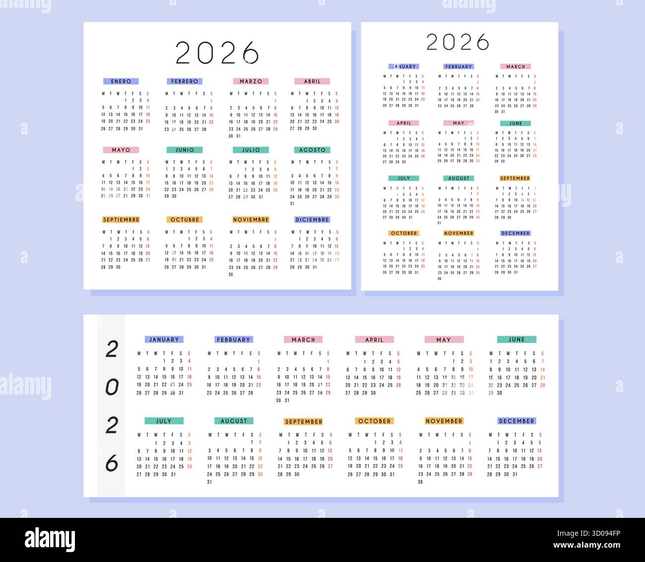 Set of 2026 yearly calendar in modern square, horizontal and portrait ...